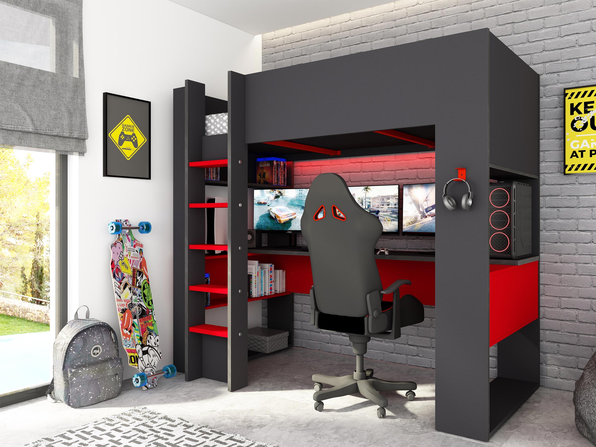 High Ultimate Gaming Loftseng 90x200 - Sort/Rød - Barnerommet