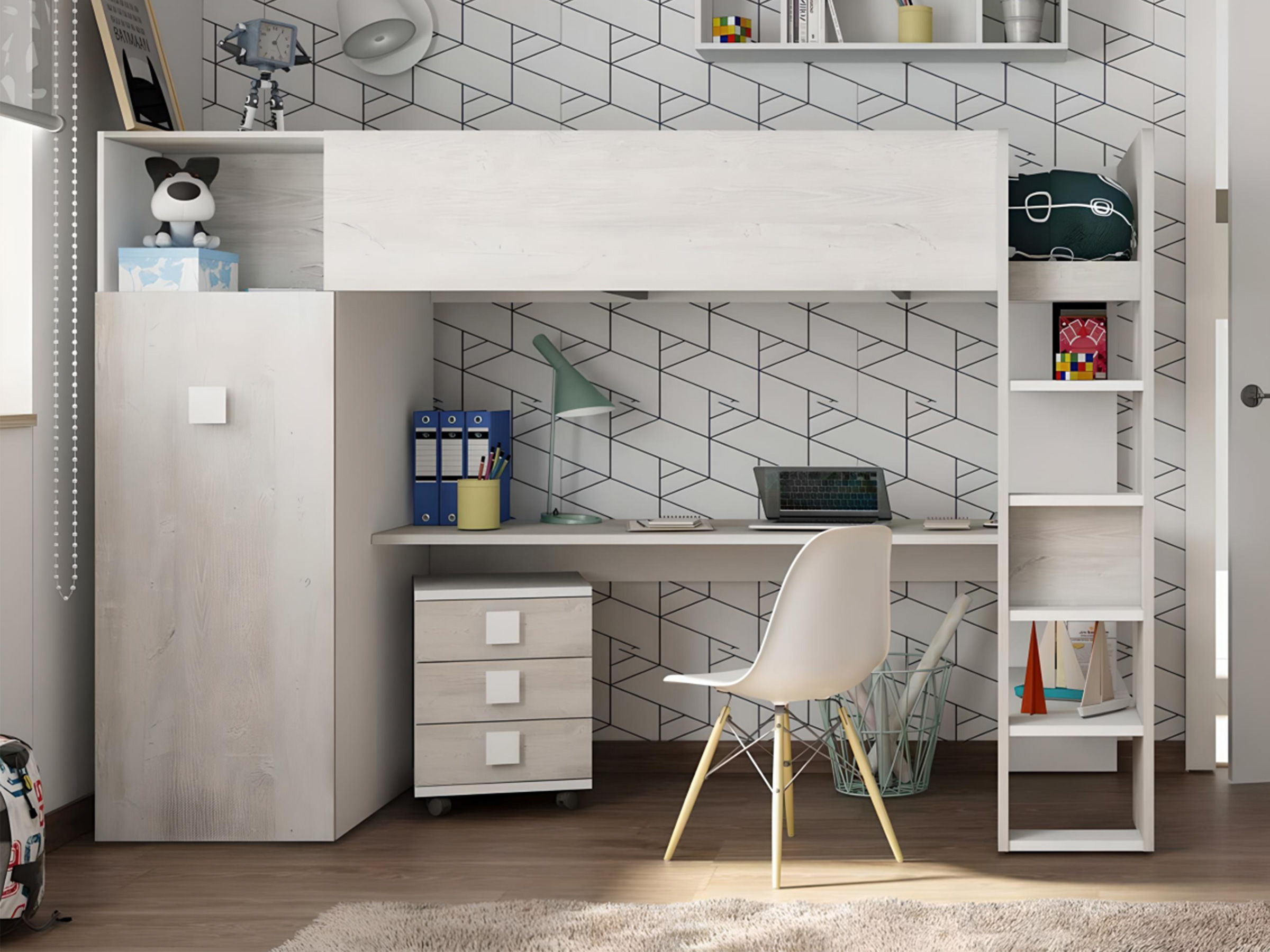 Loftseng med Skrivebord og Garderobe 90x200 - Hvit/Eik - Barnerommet