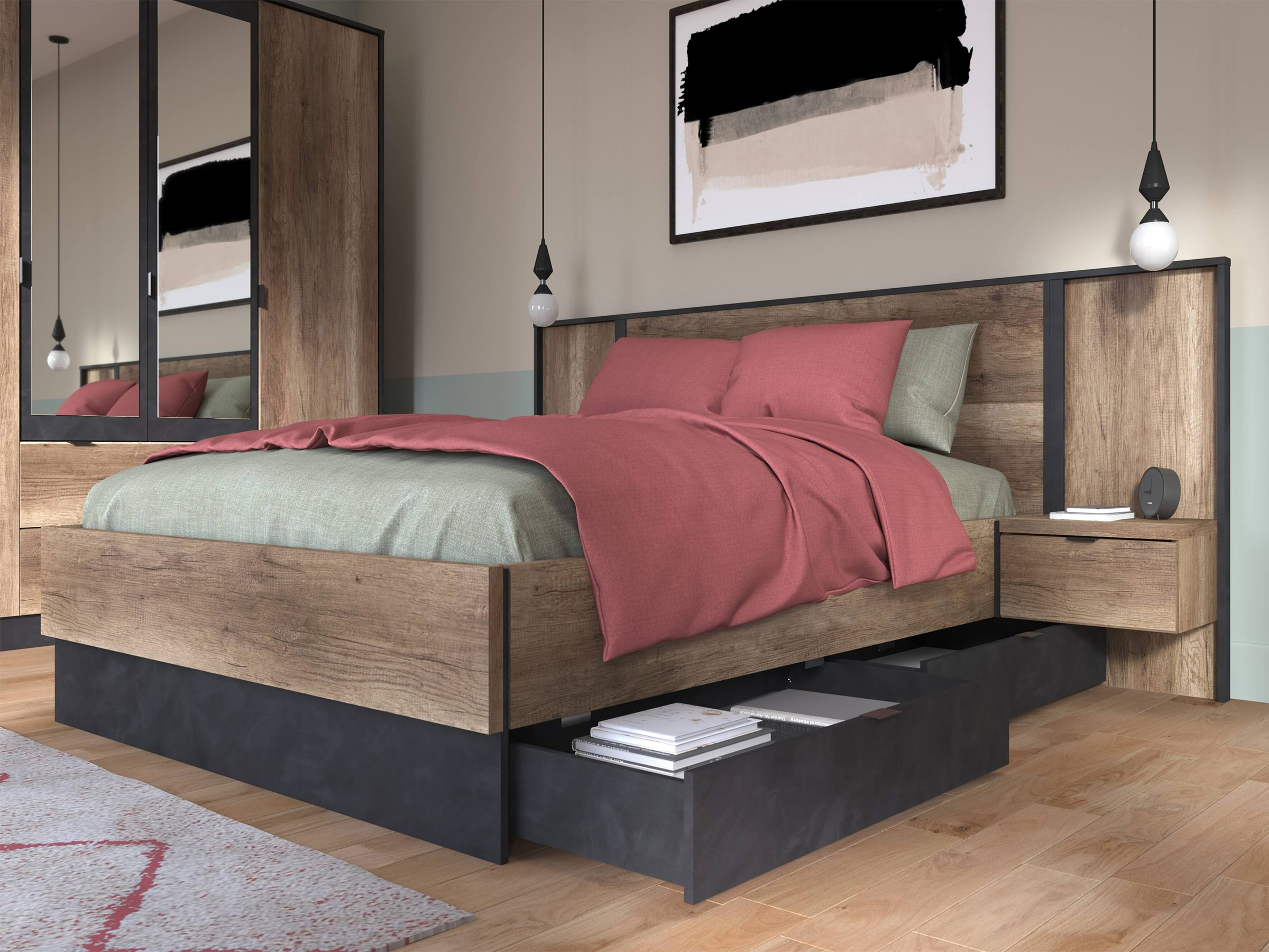 Toronto Dobbeltseng med Skuff 160x200 - Eik/Svart - Barnerommet